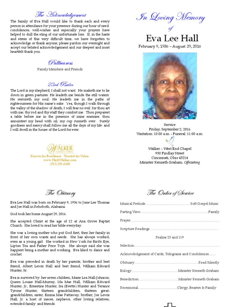 In Loving Memory: Eva Lee Hall | PDF | Religious Behaviour And ...