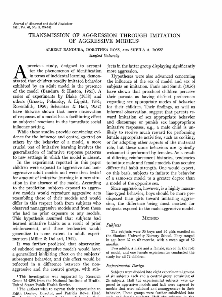 Transmission of Aggression Through Imitation of Aggressive Models | PDF ...