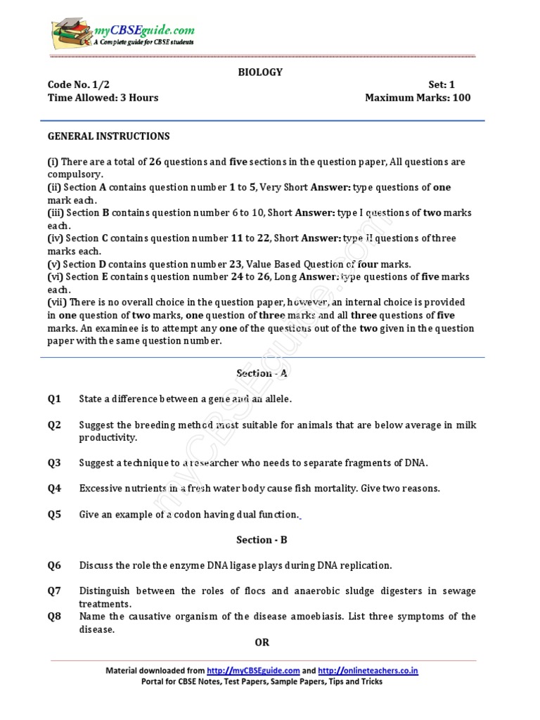 Biology Code No. 1/2 Set: 1 Time Allowed: 3 Hours Maximum Marks: 100 ...