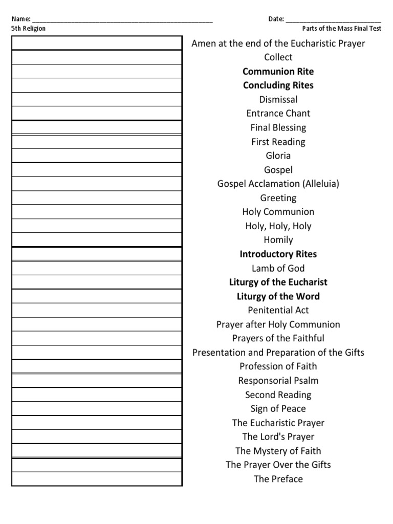Catholic Mass Parts Test Worksheet | PDF