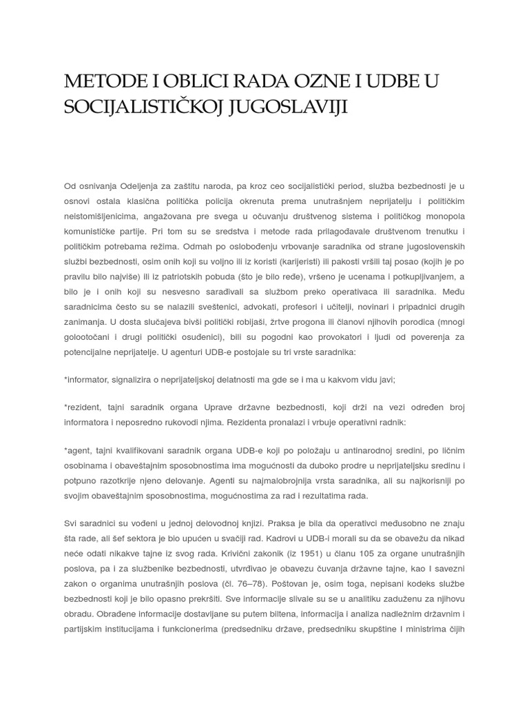 Metode I Oblici Rada Ozne I Udbe U Socijalističkoj | PDF