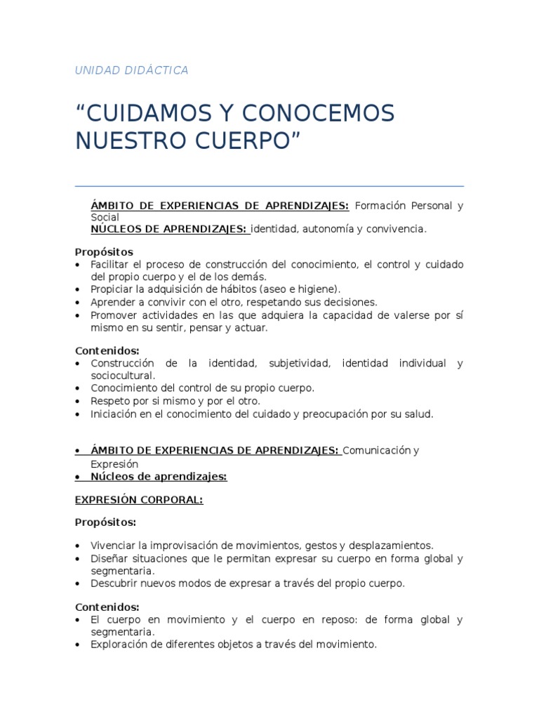 Unidad Didáctica - Cuidamos y Conocemos Nuestro Cuerpo | PDF ...