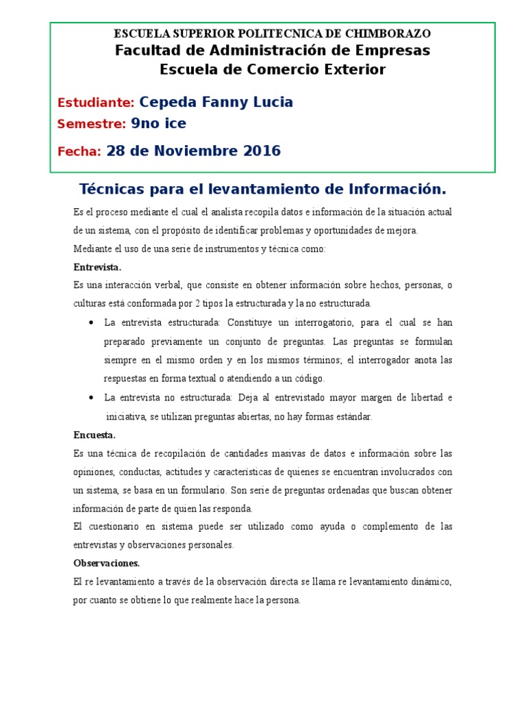 Técnicas para El Levantamiento de Información | PDF | Cuestionario | Información