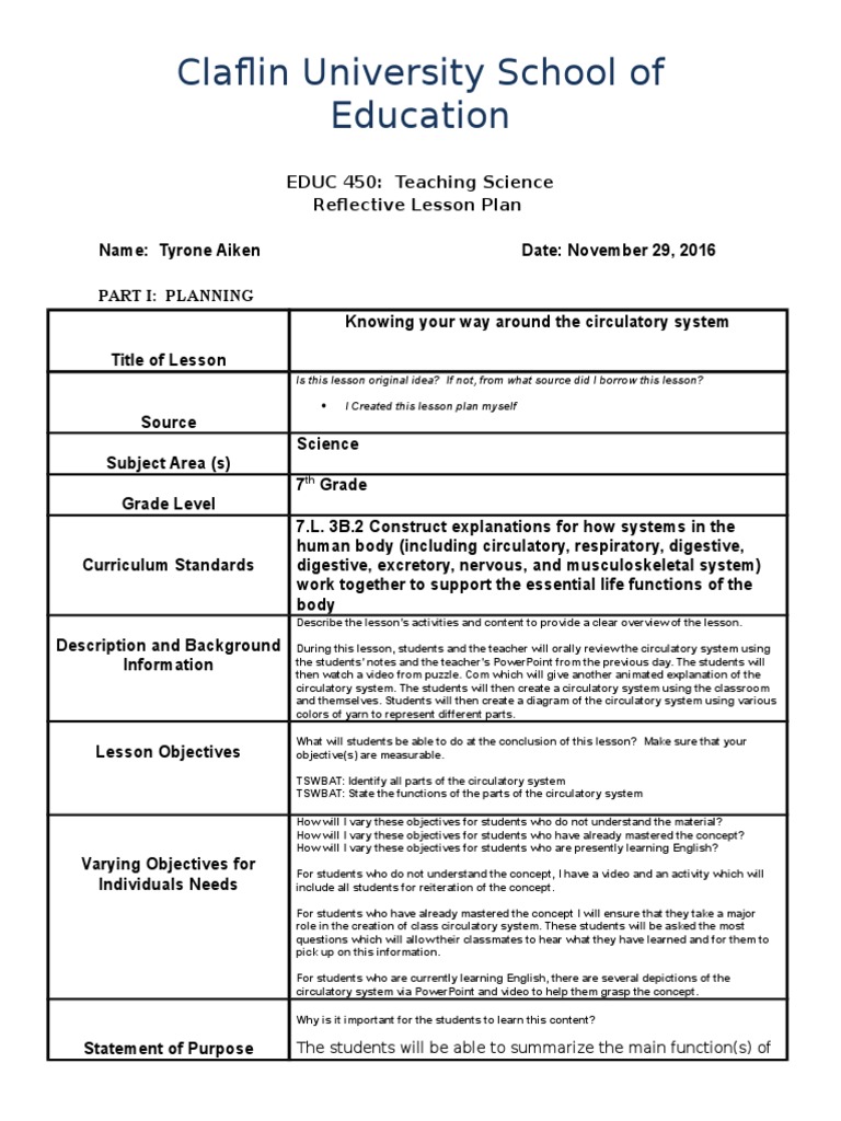 Circulatory System Lesson Plan 1 | PDF | Artery | Lesson Plan