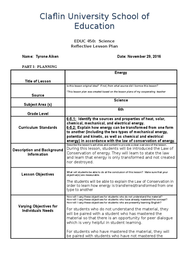 Energy Lesson Plan | PDF | Lesson Plan | Education Theory
