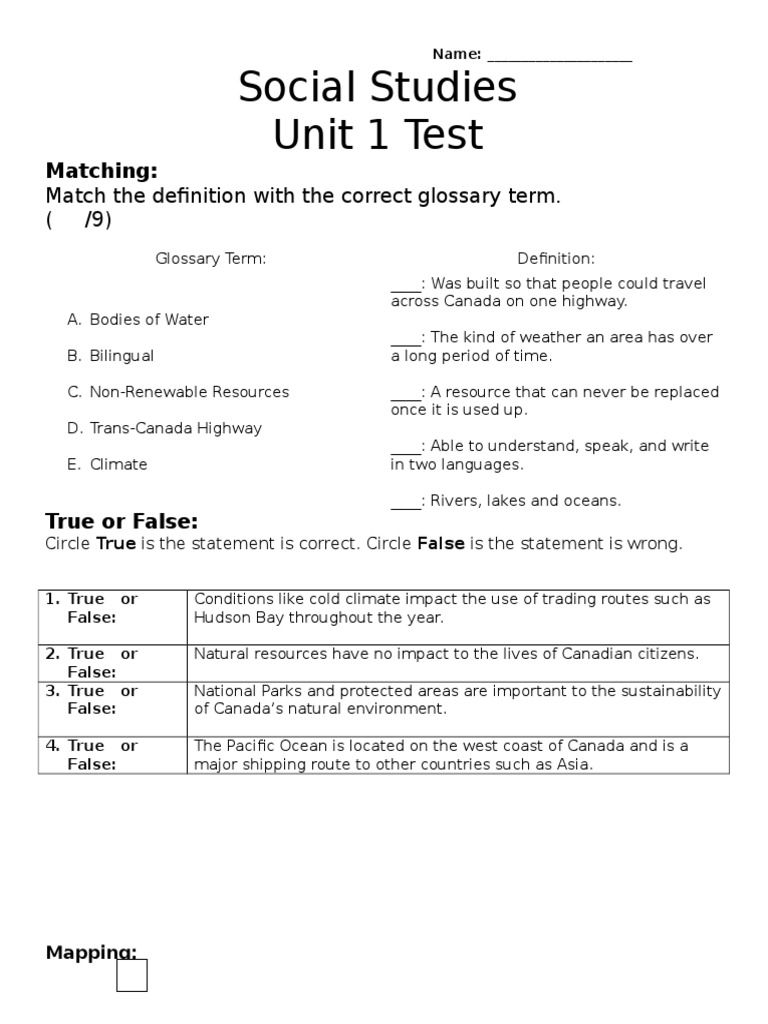 Social Studies Unit 1 Test: Matching | PDF | Canada | Atlantic Ocean