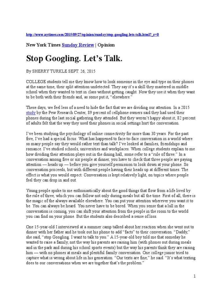 Stop Googling. Let's Talk - The New York Times | PDF | Empathy ...