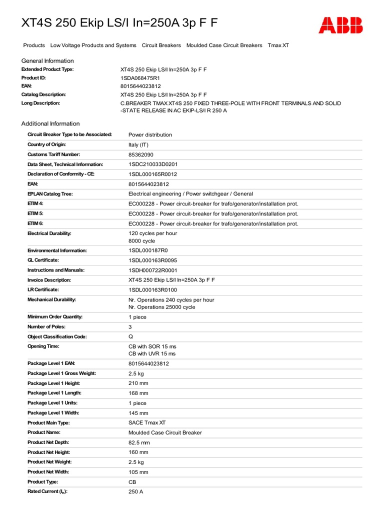 1SDA068475R1 xt4s 250 Ekip Ls I in 250a 3p F F | PDF | Electromagnetism | Electricity