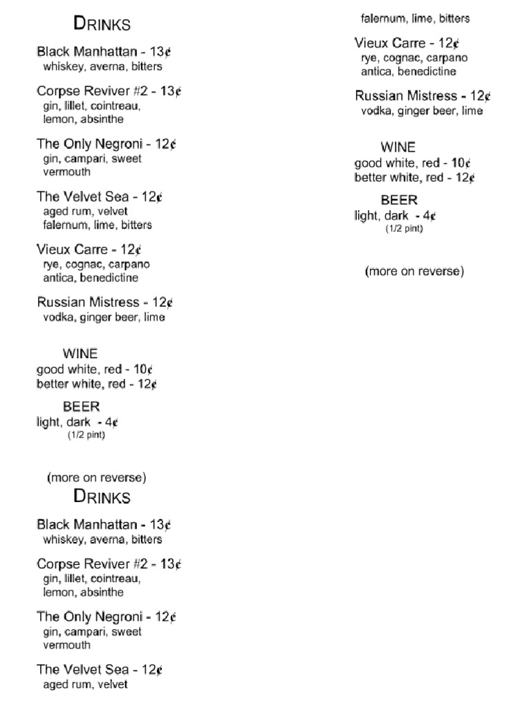 The Speakeasy Cocktail Menu