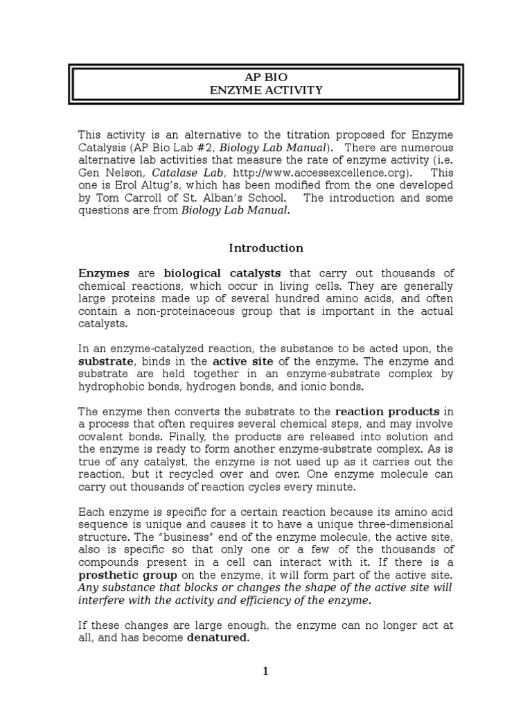 Ap Bio Enzyme Catalase Lab Ap 1 | PDF | Catalase | Ph