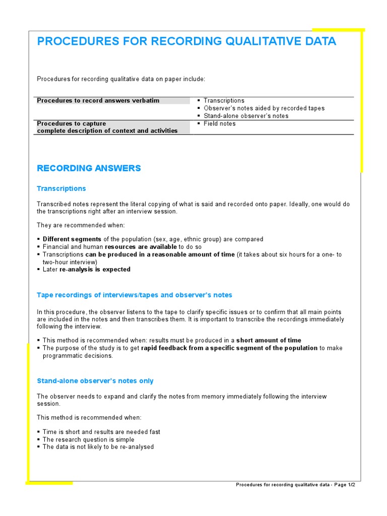 Qualitative Data Recording Procedures | PDF | Qualitative Research ...