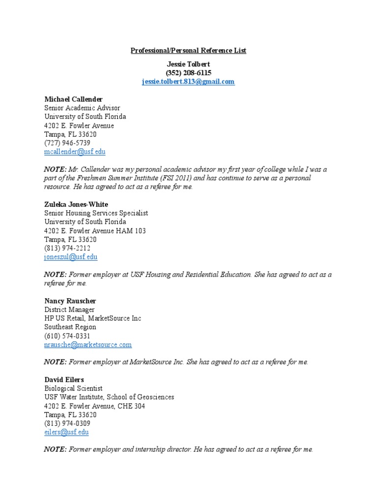 Professional Reference List for Jessie Tolbert | PDF