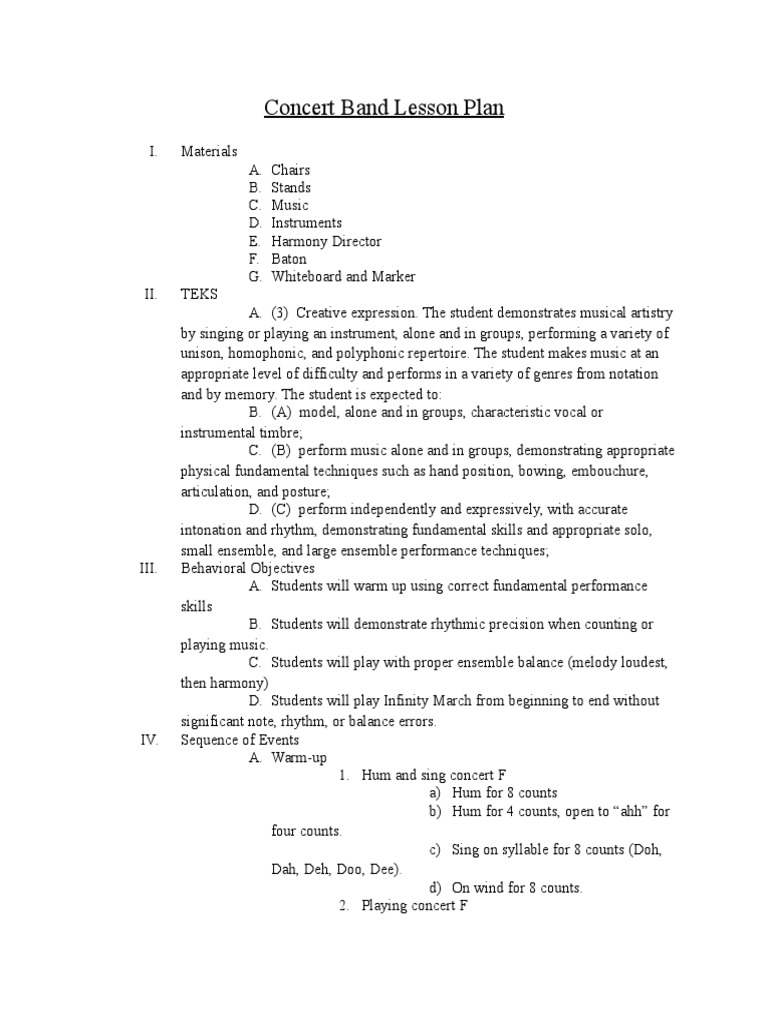 Concert Band Lesson Plan Overview | PDF | Saxophone | Clarinet