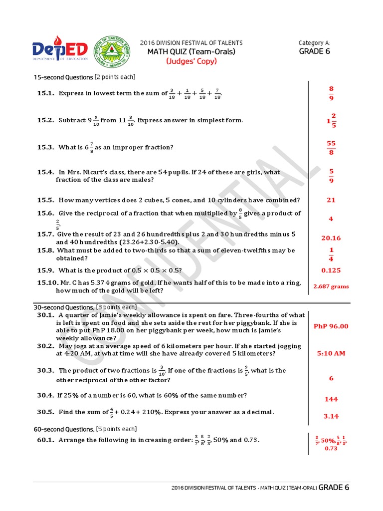 Math Quiz To g6 | PDF | Fraction (Mathematics) | Polytopes