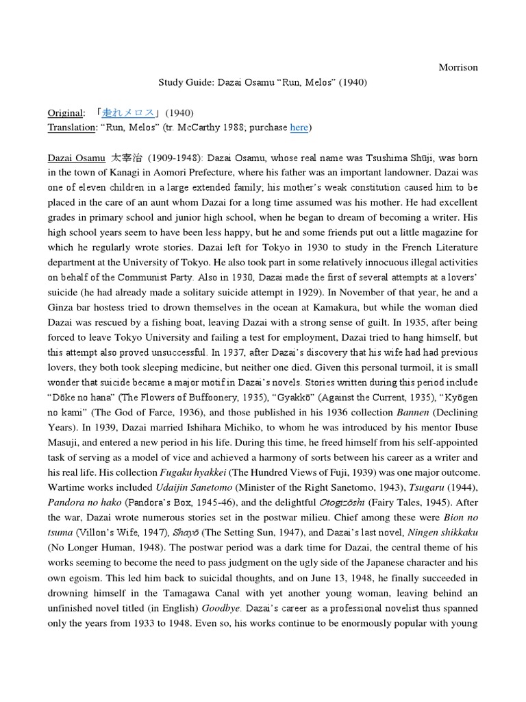 Dazai Osamu "Run, Melos" (1940) Study Guide | PDF | Narration