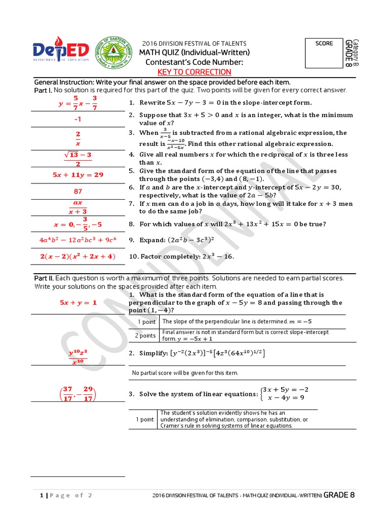 Key To Correction g8 | PDF | System Of Linear Equations | Equations