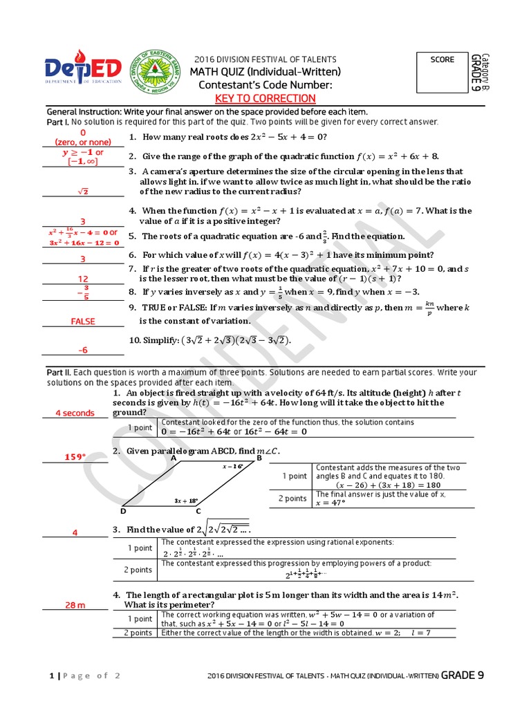 Key To Correction g9 | PDF | Quadratic Equation | Mathematical Objects
