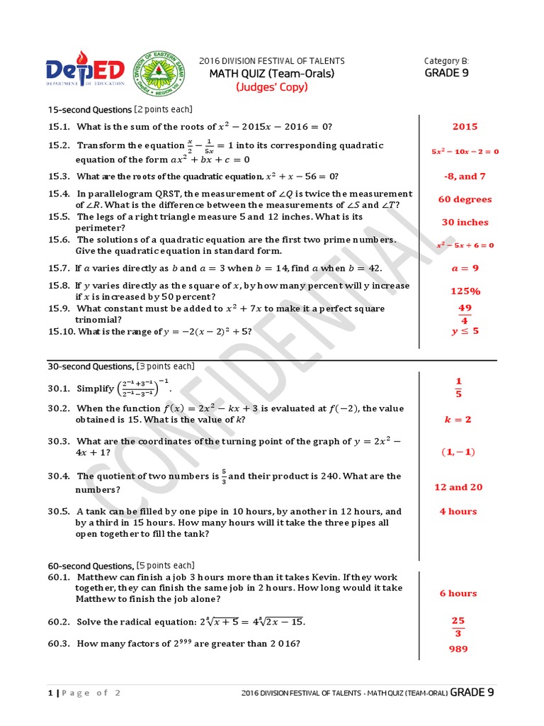math quiz to g9 | Quadratic Equation | Equations