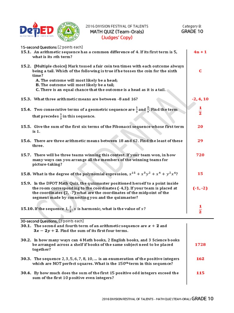 Math Quiz To g10 | PDF | Summation | Sequence