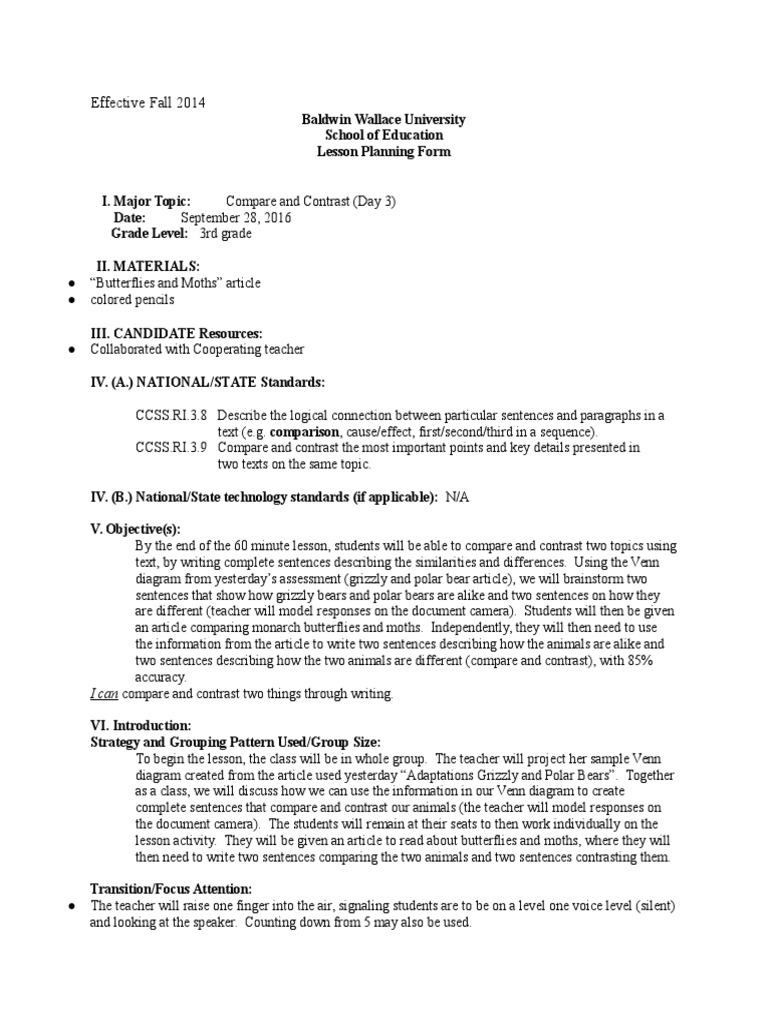 3rd Grade Compare and Contrast Lesson | PDF | Educational Assessment ...