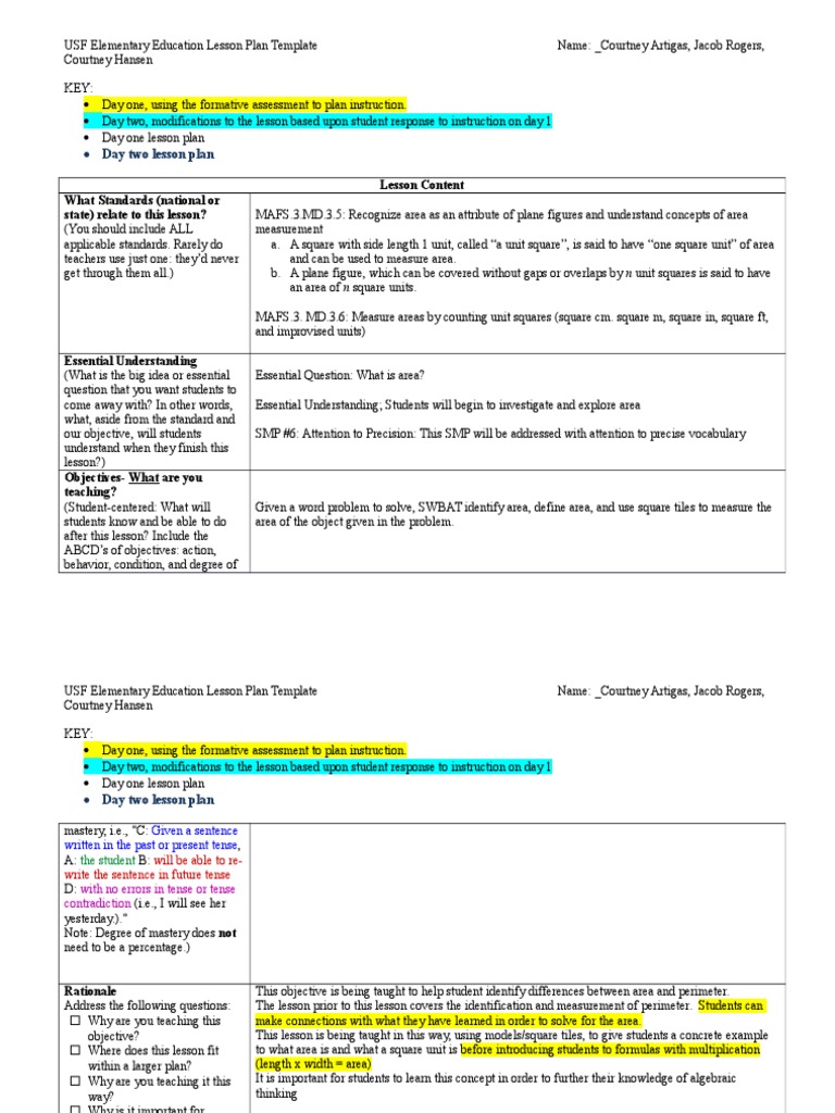 USF Lesson Plan: Understanding Area | PDF | Lesson Plan ...