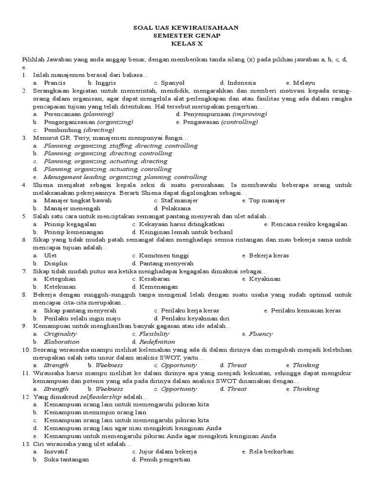 Lembar Soal Kwu Kelas X | PDF
