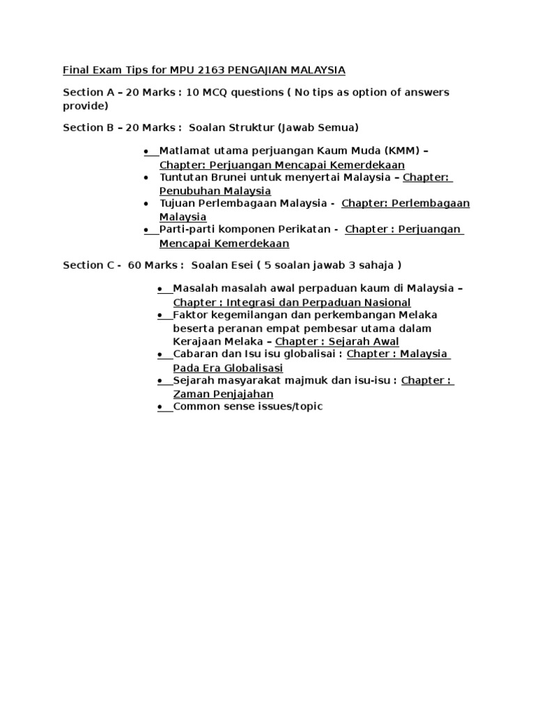 Final Exam Tips For Mpu 2163 Pengajian Malaysia | PDF
