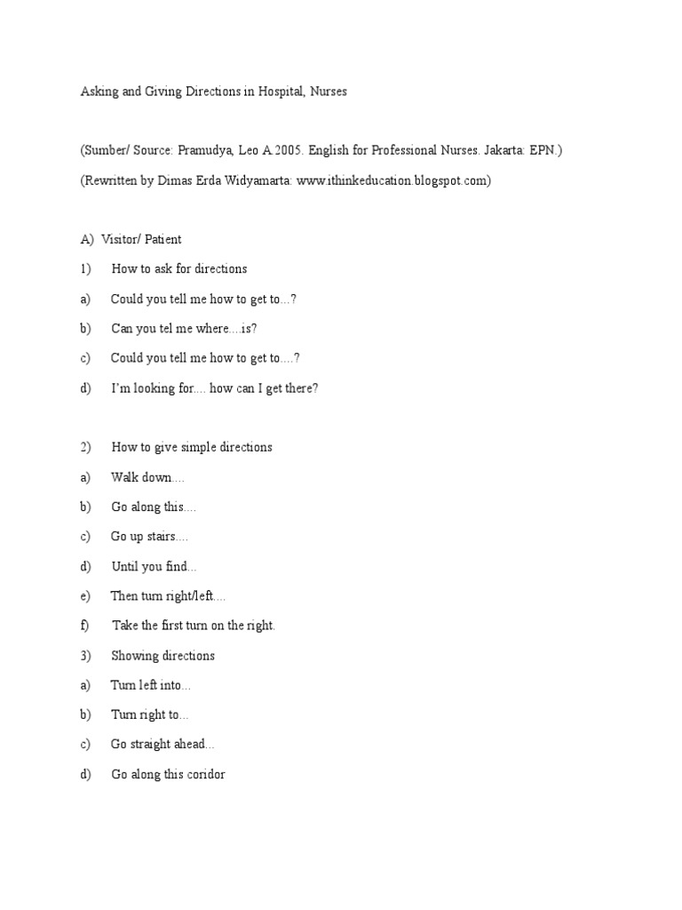 Directions and Locations in a Hospital for Nurses and Patients | PDF