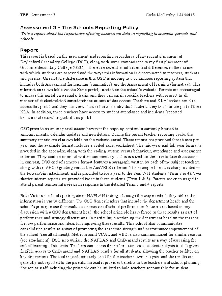 Teb School Report Assess3 18464415 | PDF | Educational Assessment ...