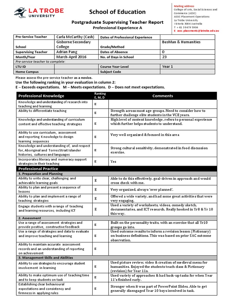 Pre-Service Teacher Evaluation Report | PDF | Educational Technology ...