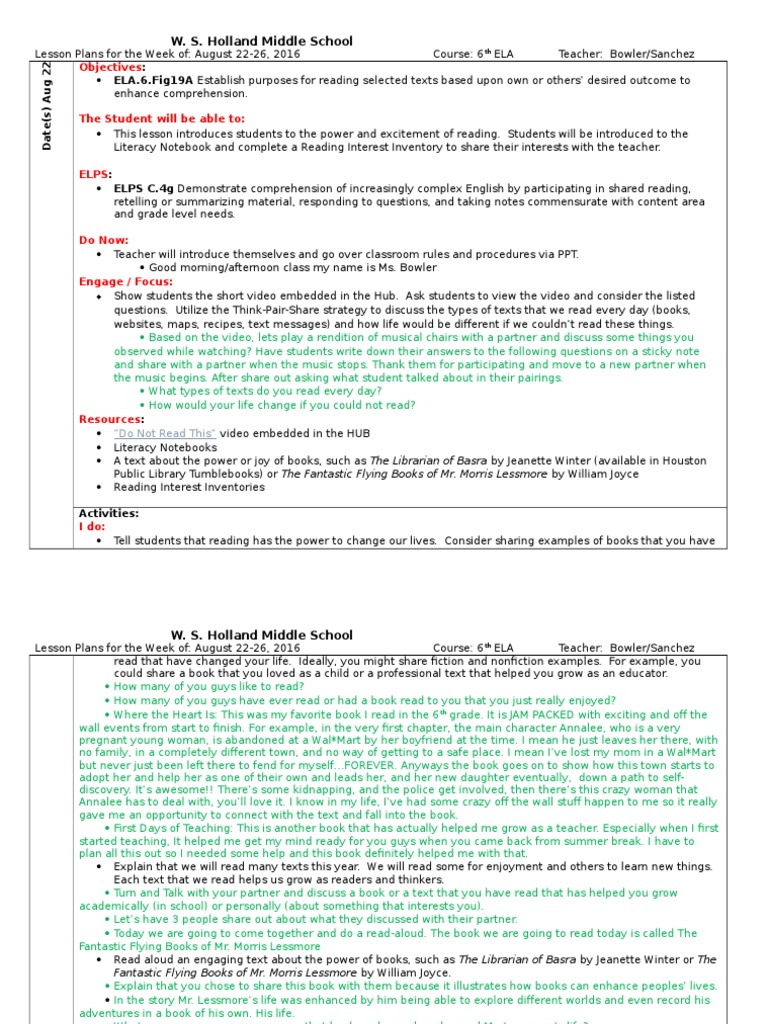 6th Grade ELA Lesson Plans: Aug 22-26 | PDF | Reading Comprehension ...