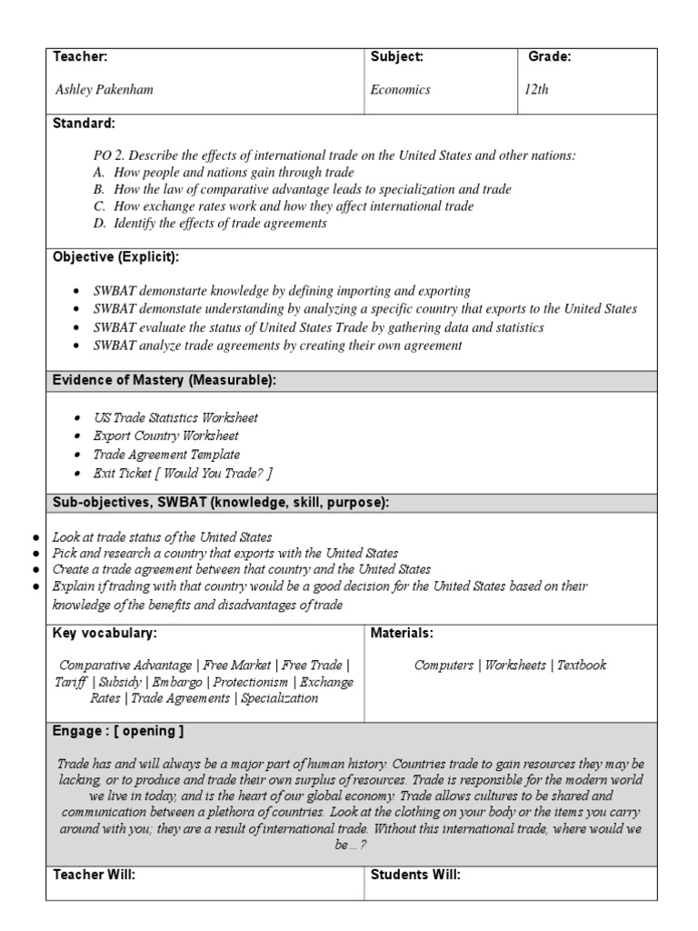 Teacher: Subject: Grade | PDF | Trade | Free Trade