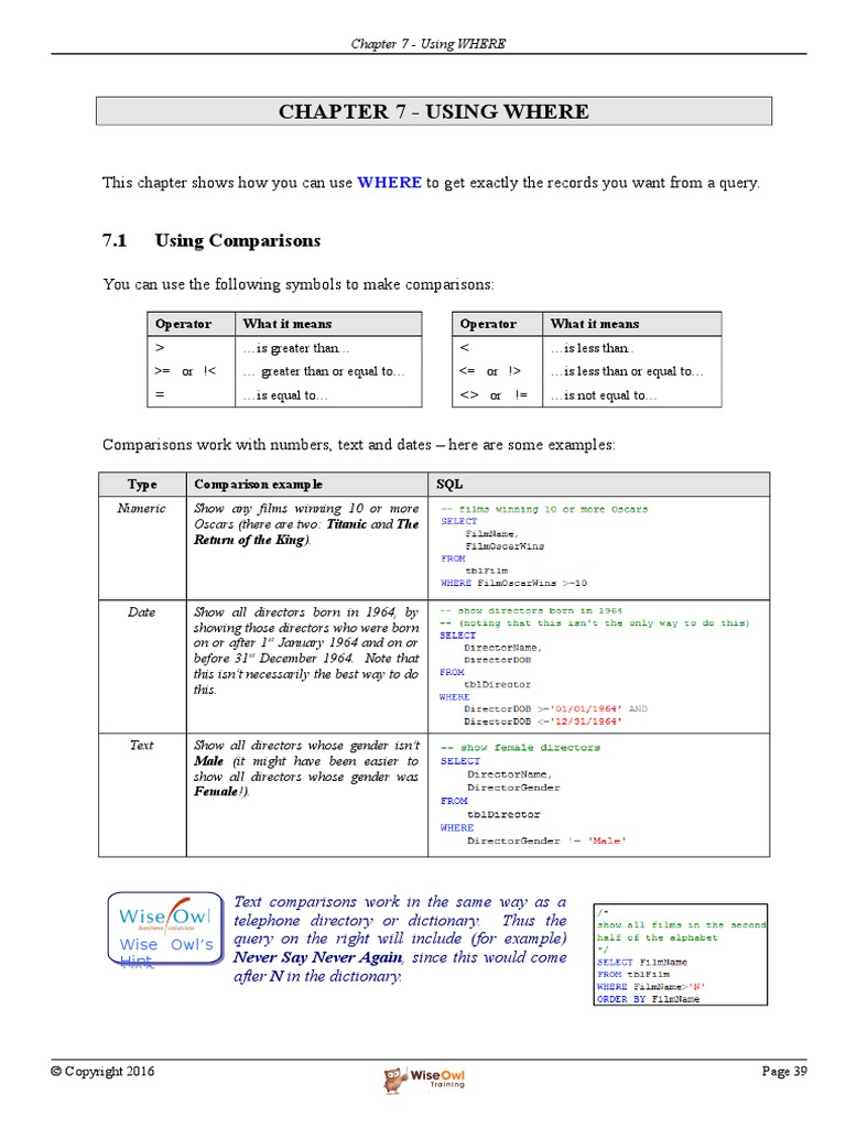 Chapter 7 - Using Where | PDF | Sql | Computer Programming