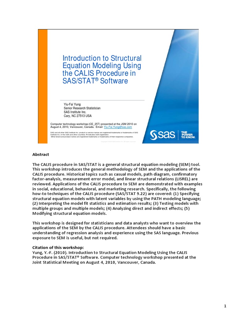 Sem in Sas Jsm2010 - Yung | PDF | Structural Equation Modeling | Regression Analysis
