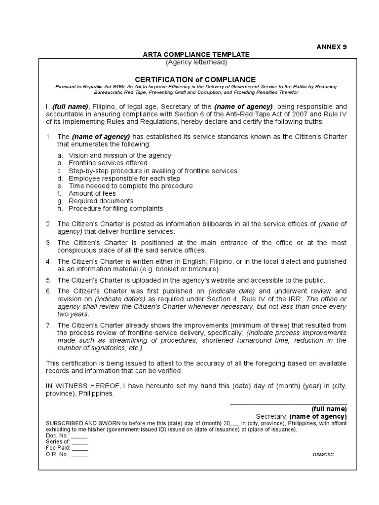 ARTA Compliance Certification Template | PDF | Regulatory Compliance ...