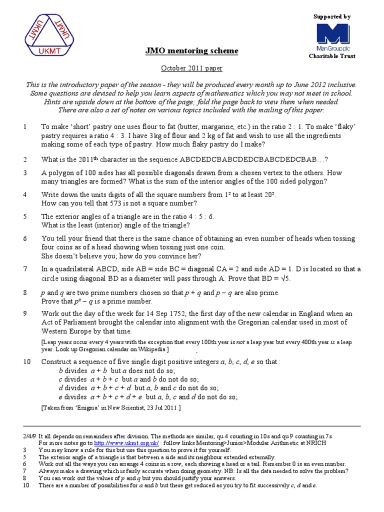 2011 Oct UKMT Junior Mentoring Paper | PDF | Triangle | Elementary ...