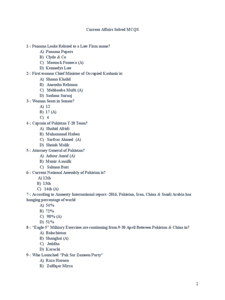 Current Affairs Solved Mcqs Pdf Pakistan