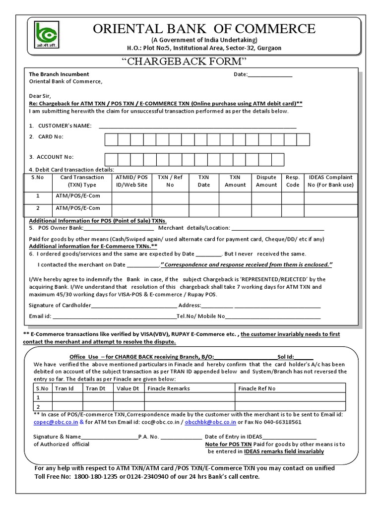 OBC Charge Back Form | PDF