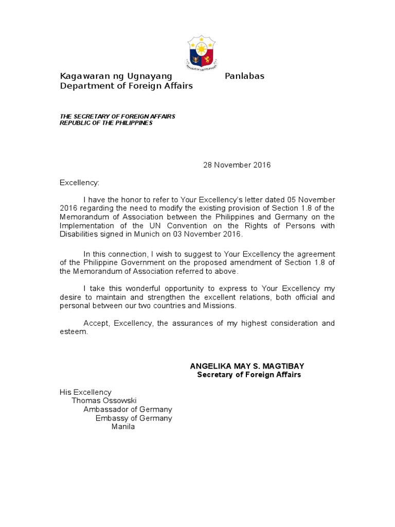 Diplomatic Letter Sample | PDF | Diplomatic Mission | Foreign Relations