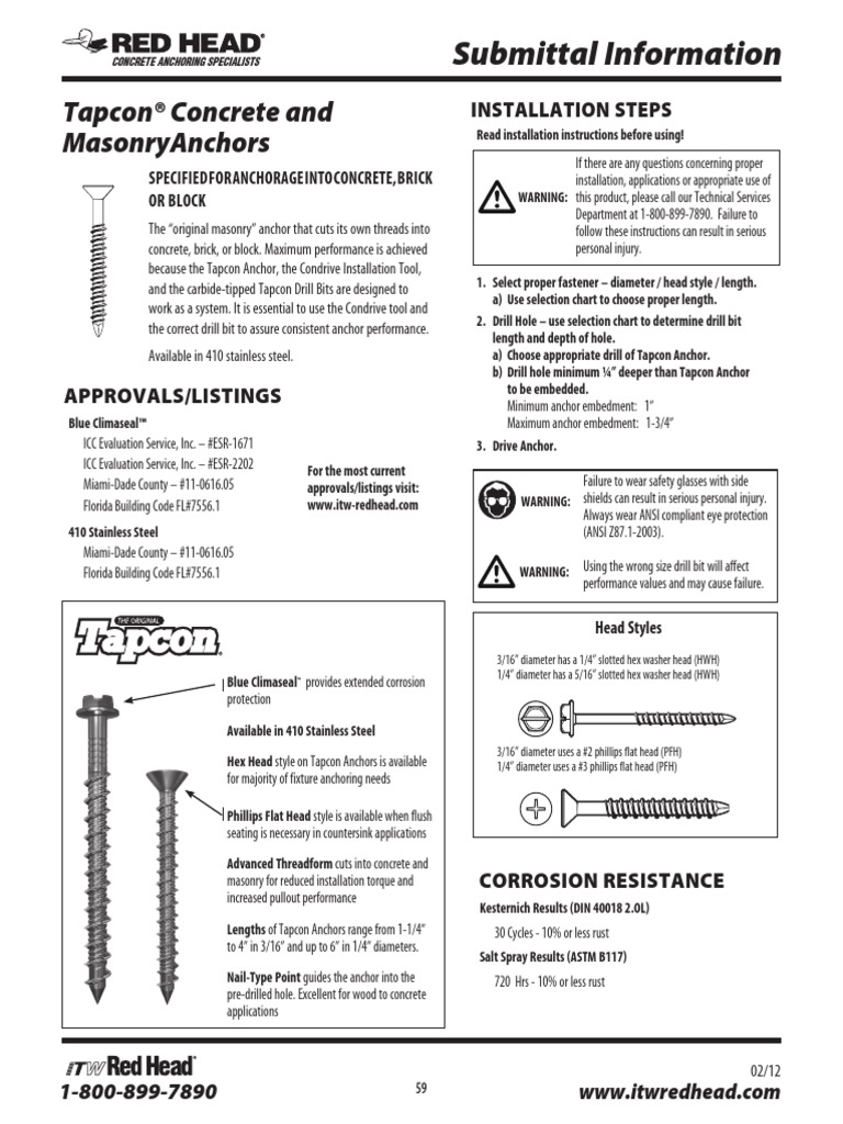Tapcon (Screws To CMU Wall) | PDF | Drill | Screw