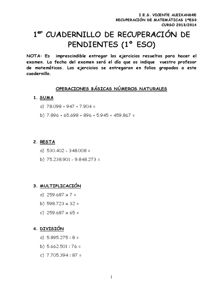 Ejercicios Matematicas 1 PDF | PDF | Entero | Números Ejercicios Matematicas 1 PDF | PDF | Entero | Números