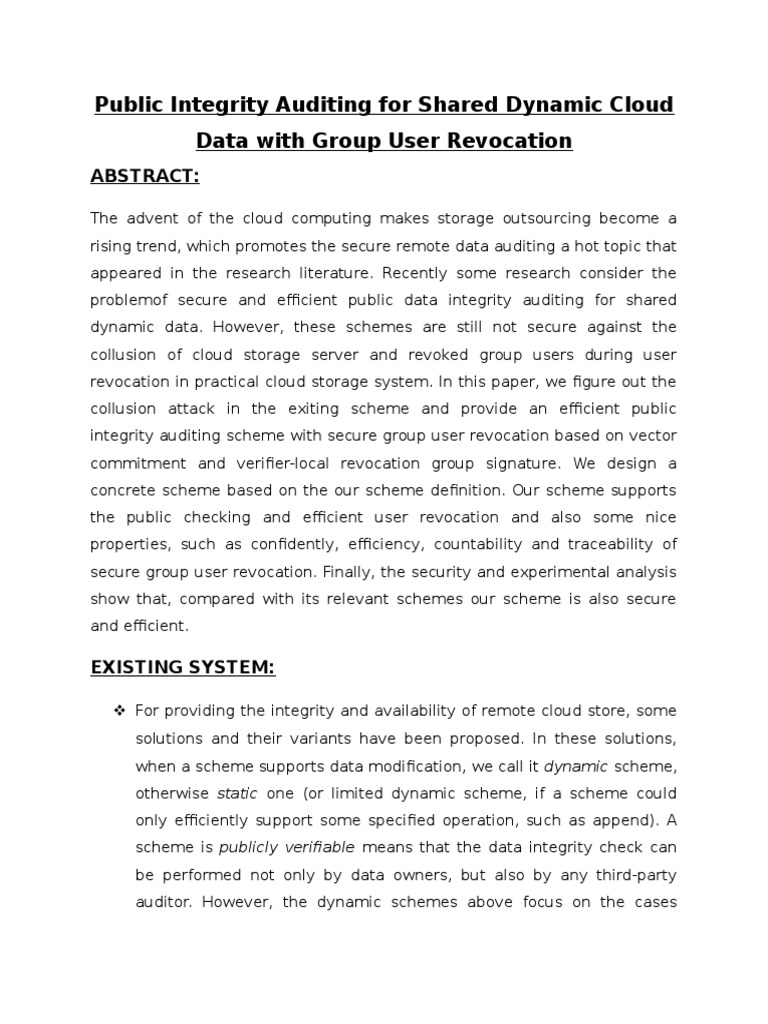 Public Integrity Auditing For Shared Dynamic Cloud Data With Group User Revocation | PDF | Cloud ...