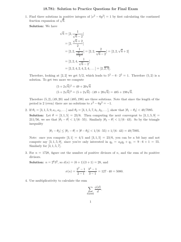 Solution: We Have: 18.781: Solution To Practice Questions For Final ...