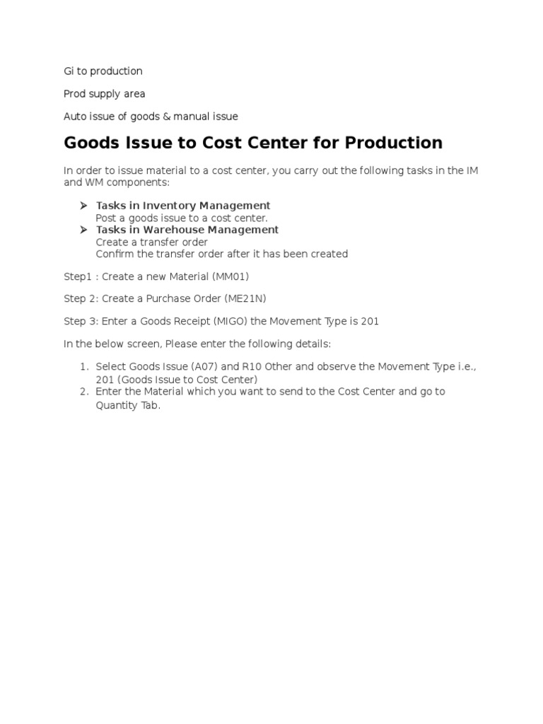 Goods Issue For Production or Cost Center | PDF | Delivery (Commerce ...