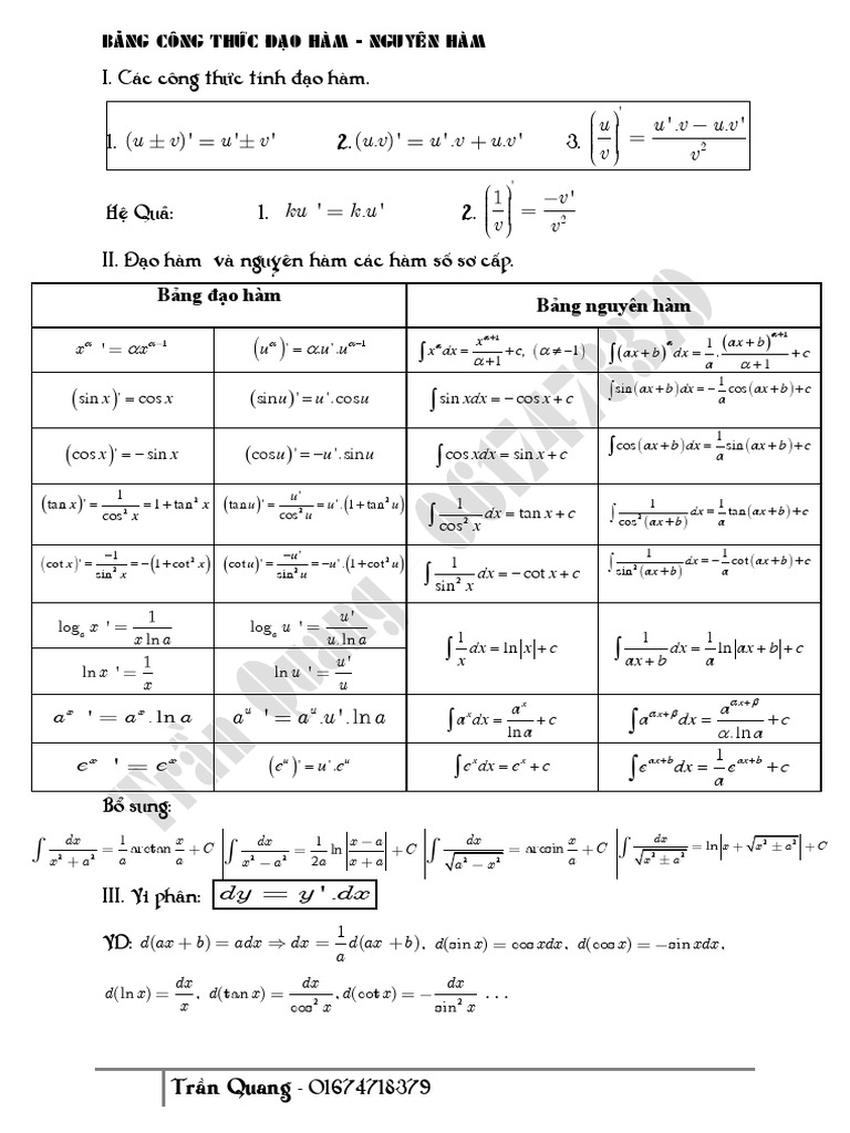 Bang Cong Thuc Tich Phan Dao Ham Mu Logarit PDF | PDF