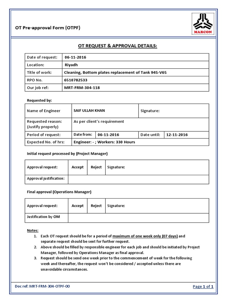 OT Pre-Approval Form (OTPF) : Date of Request: Location: Title of Work ...