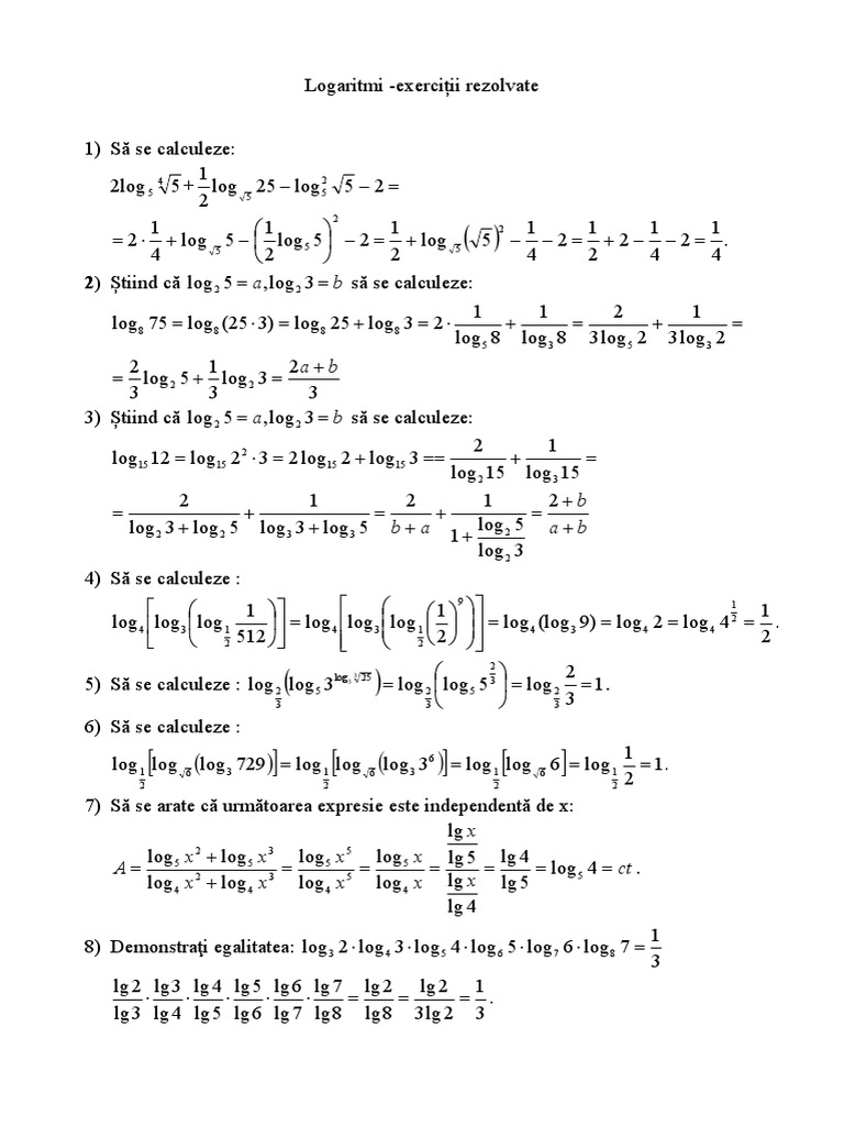 Logaritmi Exercitii Rezolvate