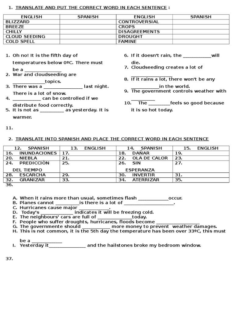 Weather Vocabulary Translation Exercise | PDF | Hail | Physical Geography