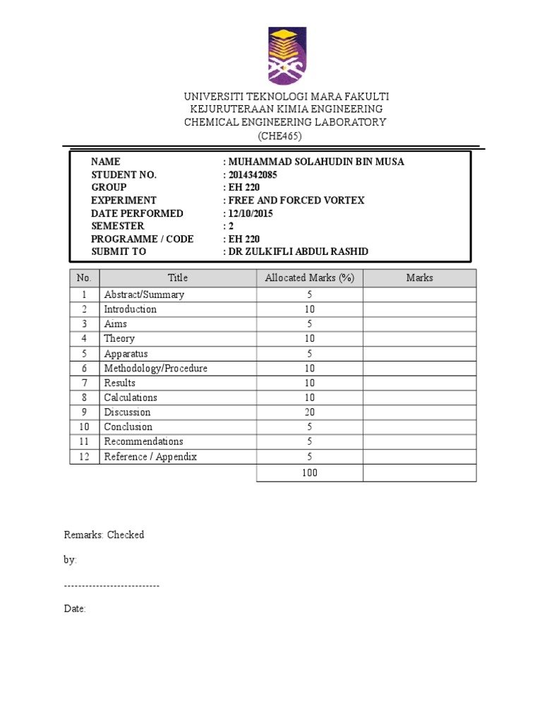 UTM CHEMICAL ENGINEERING LAB REPORT | PDF | Vortices | Continuum Mechanics