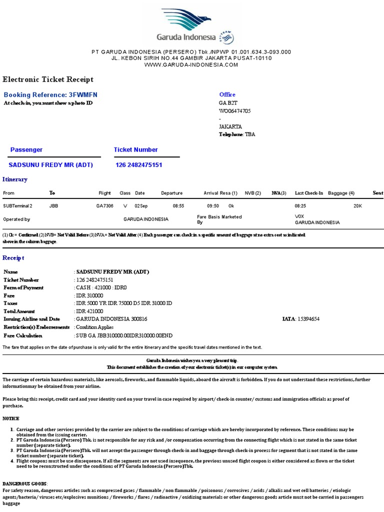 Contoh Tiket Pesawat 3FWMF | PDF | Dangerous Goods | Airlines